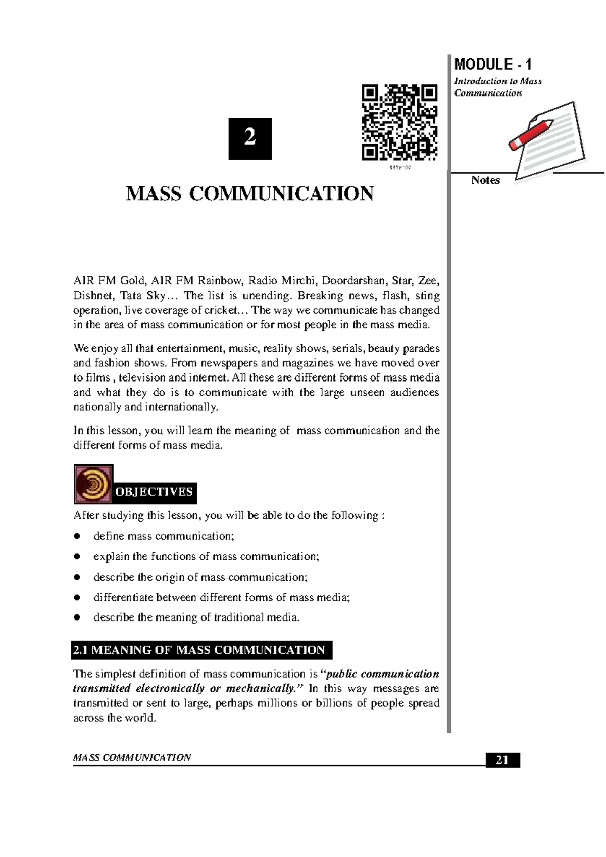 MODULE 1: Introduction to Mass Communication - NIOS Notes - Studocu