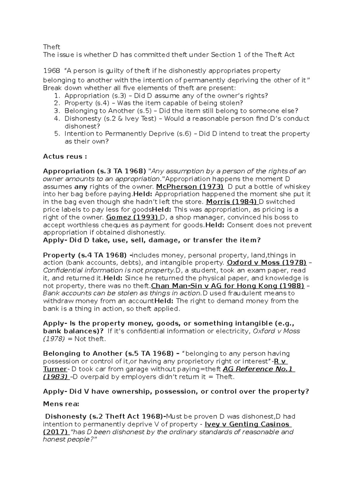 criminal law - notes on theft - Theft The issue is whether D has ...
