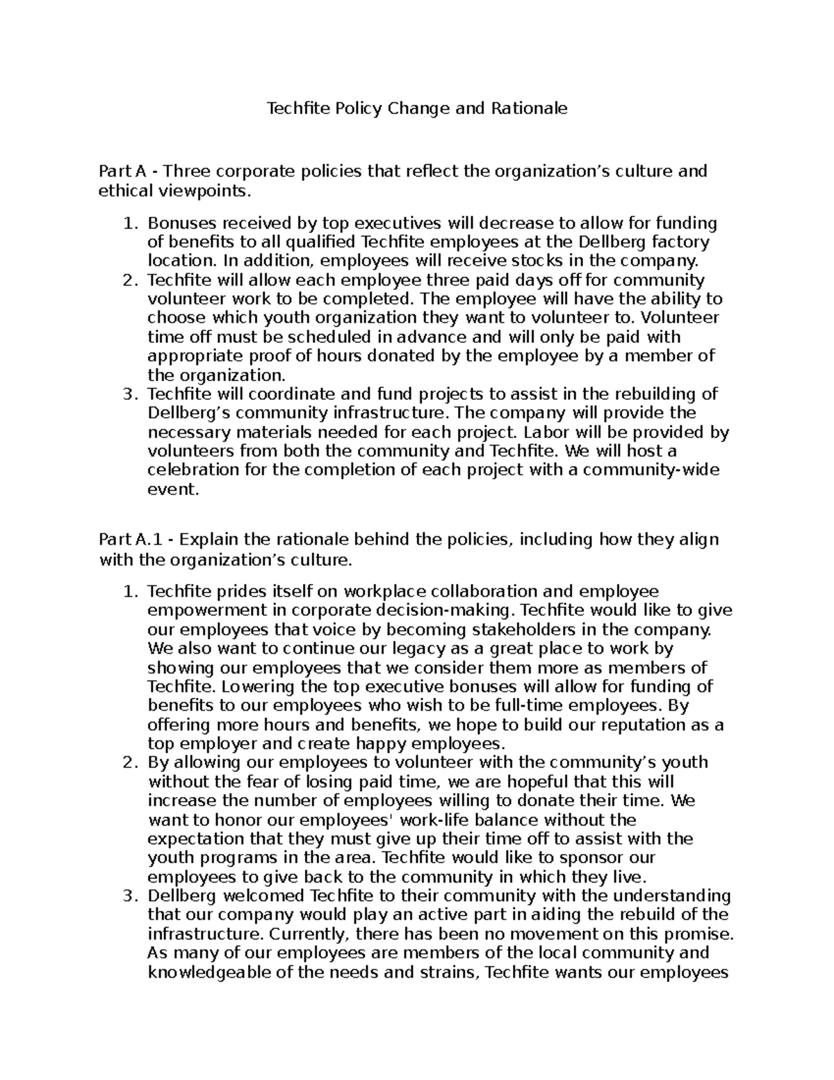 C717 Task 1: Techfite Corporate Policy and Ethical Rationale Analysis ...
