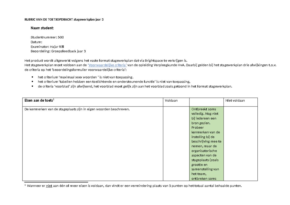 Groepsfeedback Stagewerkplan Jaar 3 - RUBRIC TOETSOPDRACHT - Studeersnel