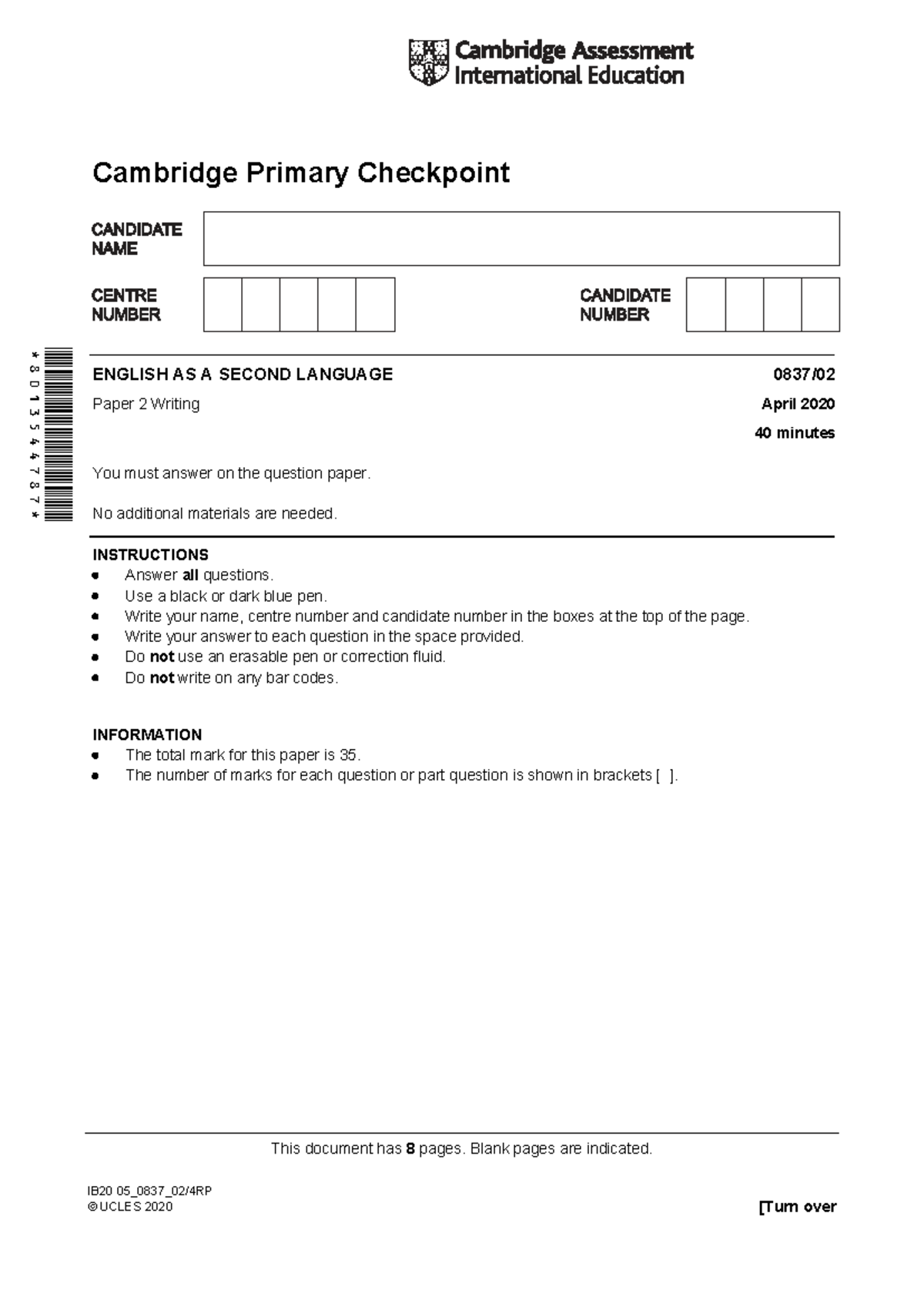 Cambridge Primary Checkpoint ENGLISH AS A SECOND LANGUAGE Paper 2 ...