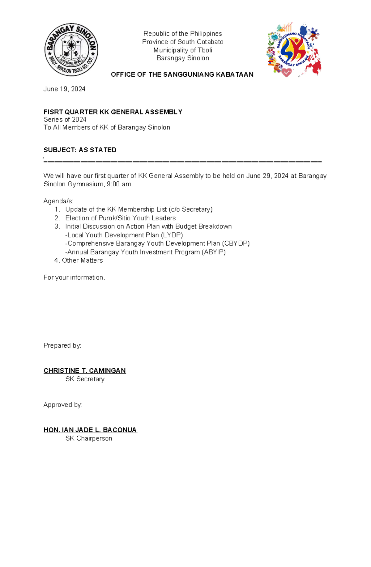 1st Quarter KK General Assembly Minutes - South Cotabato 2024 - Studocu