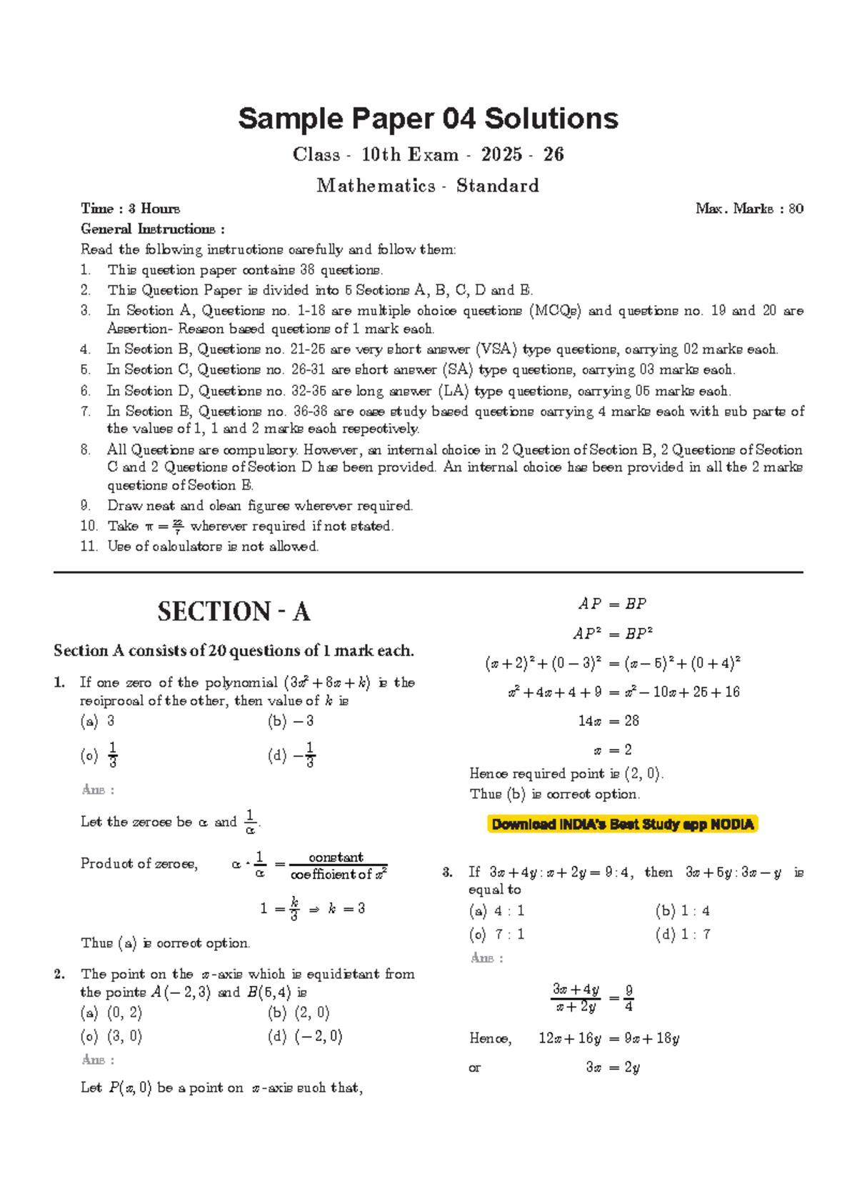 CBSE Class 10 Mathematics Sample Paper 04 Solutions - Studocu