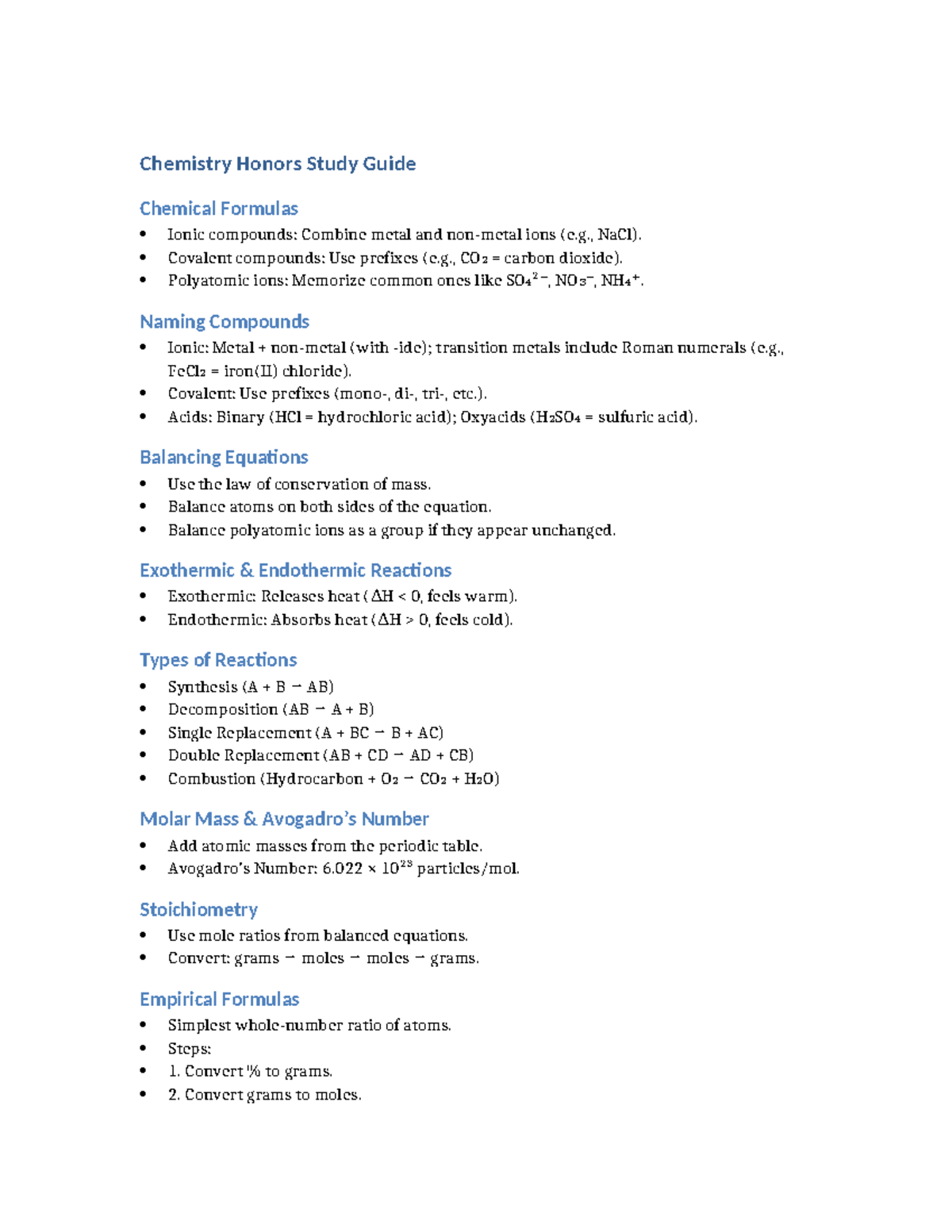 Chemistry Honors Study Guide: Chemical Formulas & Reactions - Studocu