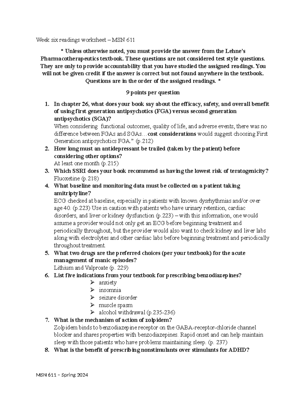 MSN 611 Week 6 Readings Worksheet and Analysis – Spring 2024 - Studocu