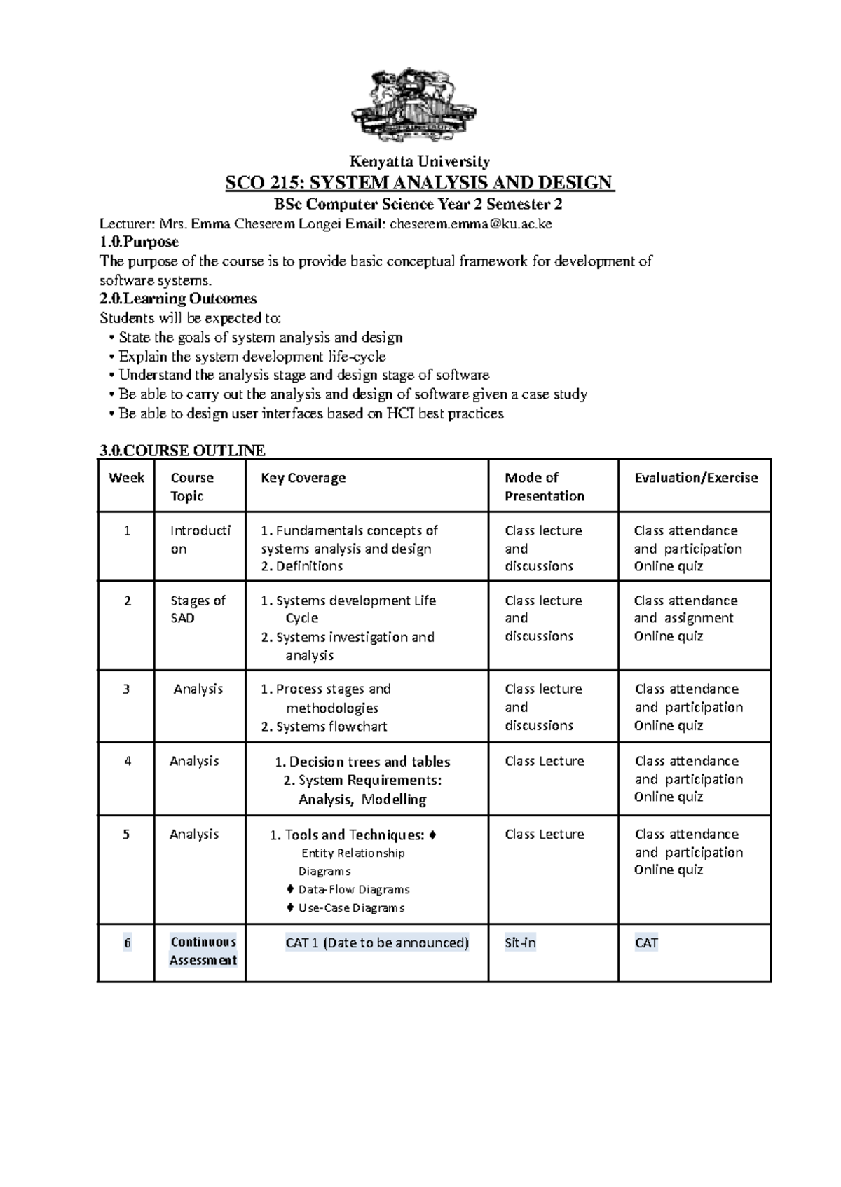SCO 215 Course Outline: System Analysis and Design (2022) - Studocu