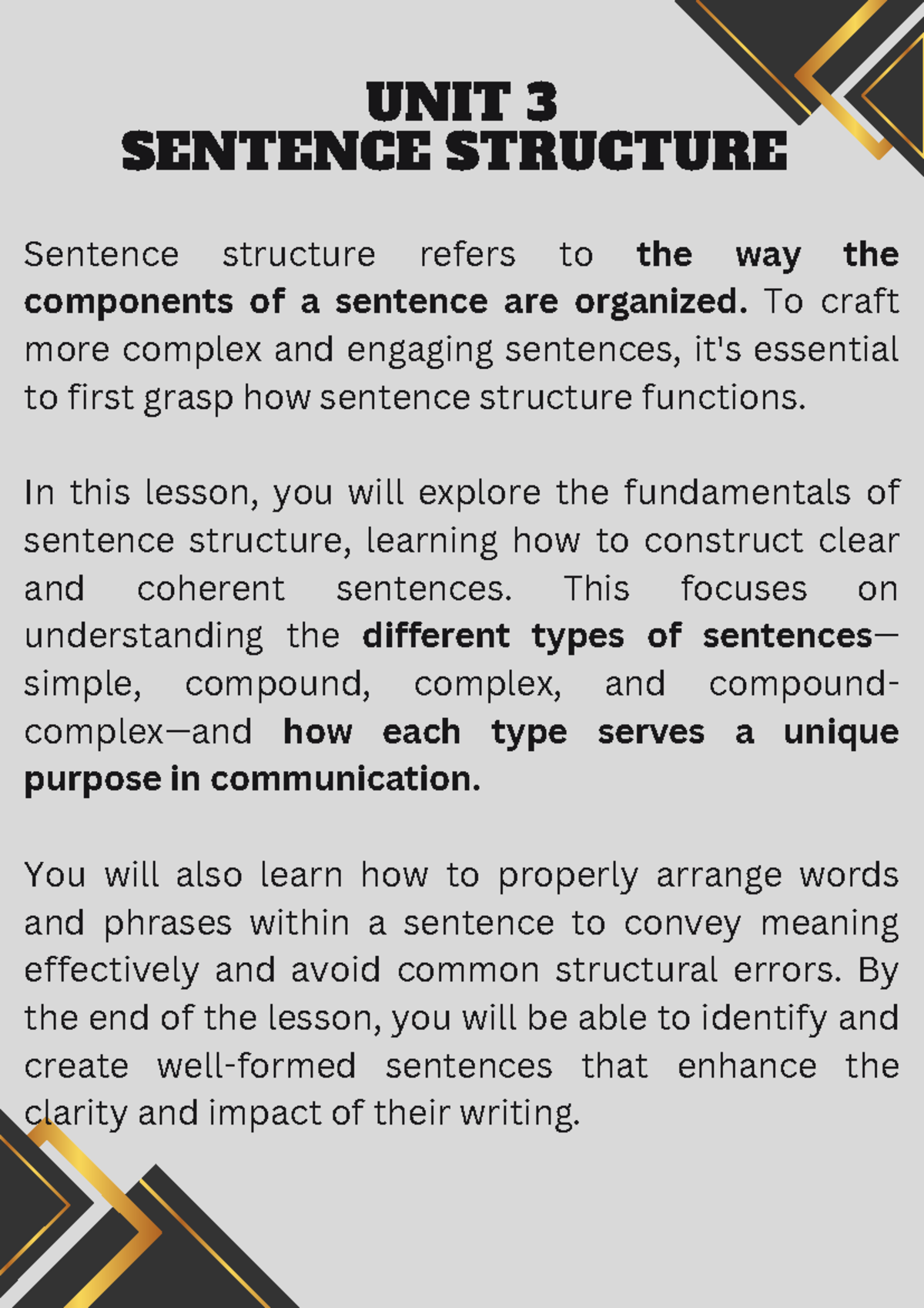 UNIT 3: Understanding Sentence Structure Fundamentals - Studocu