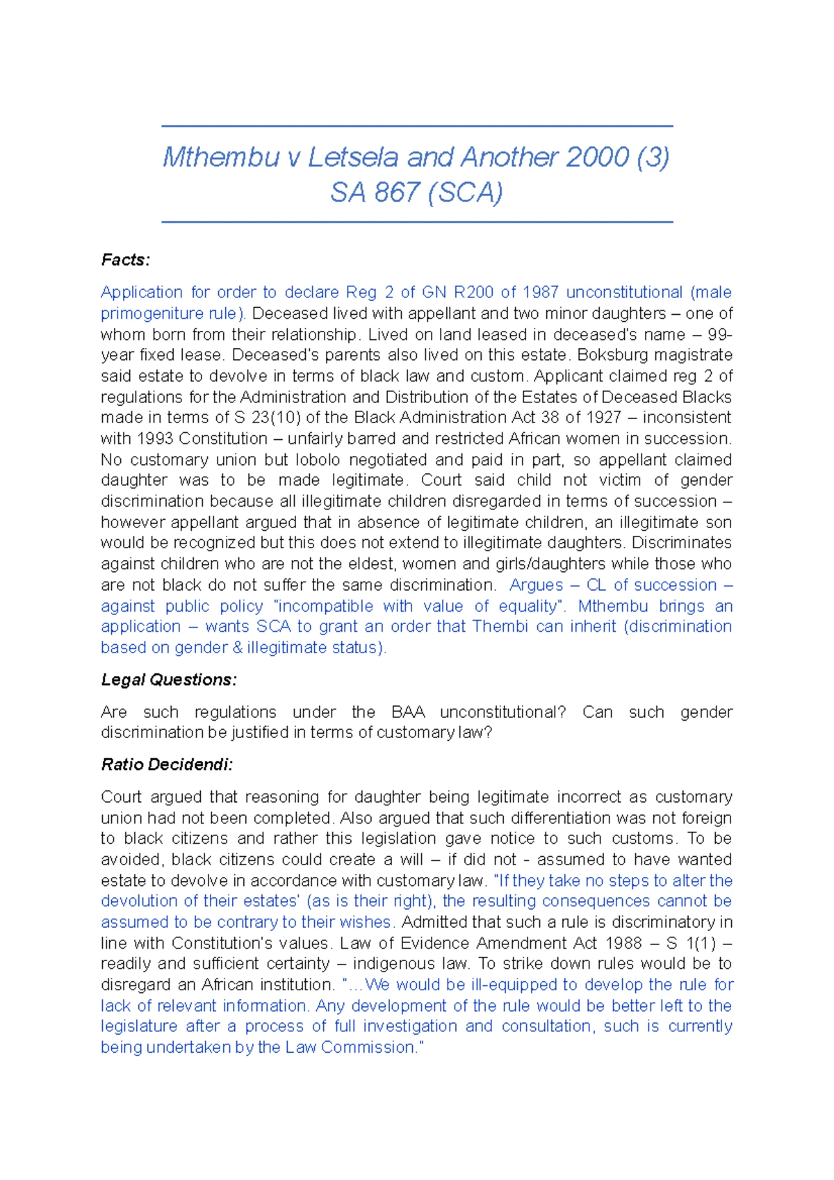 Mthembu v Letsela Case Summary - Mthembu v Letsela and Another 2000 (3 ...