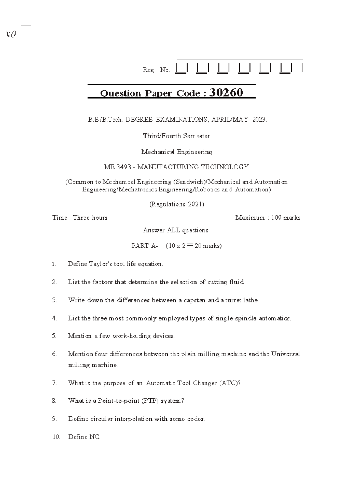 ME 3493 Manufacturing Technology Exam Paper - 2023 - Studocu