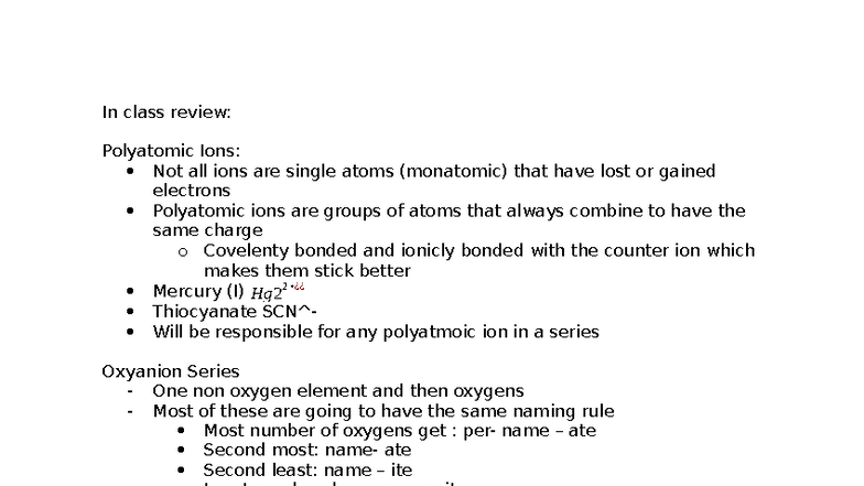 Week 3 Chem Notes: Polyatomic Ions & Naming Compounds - Studocu
