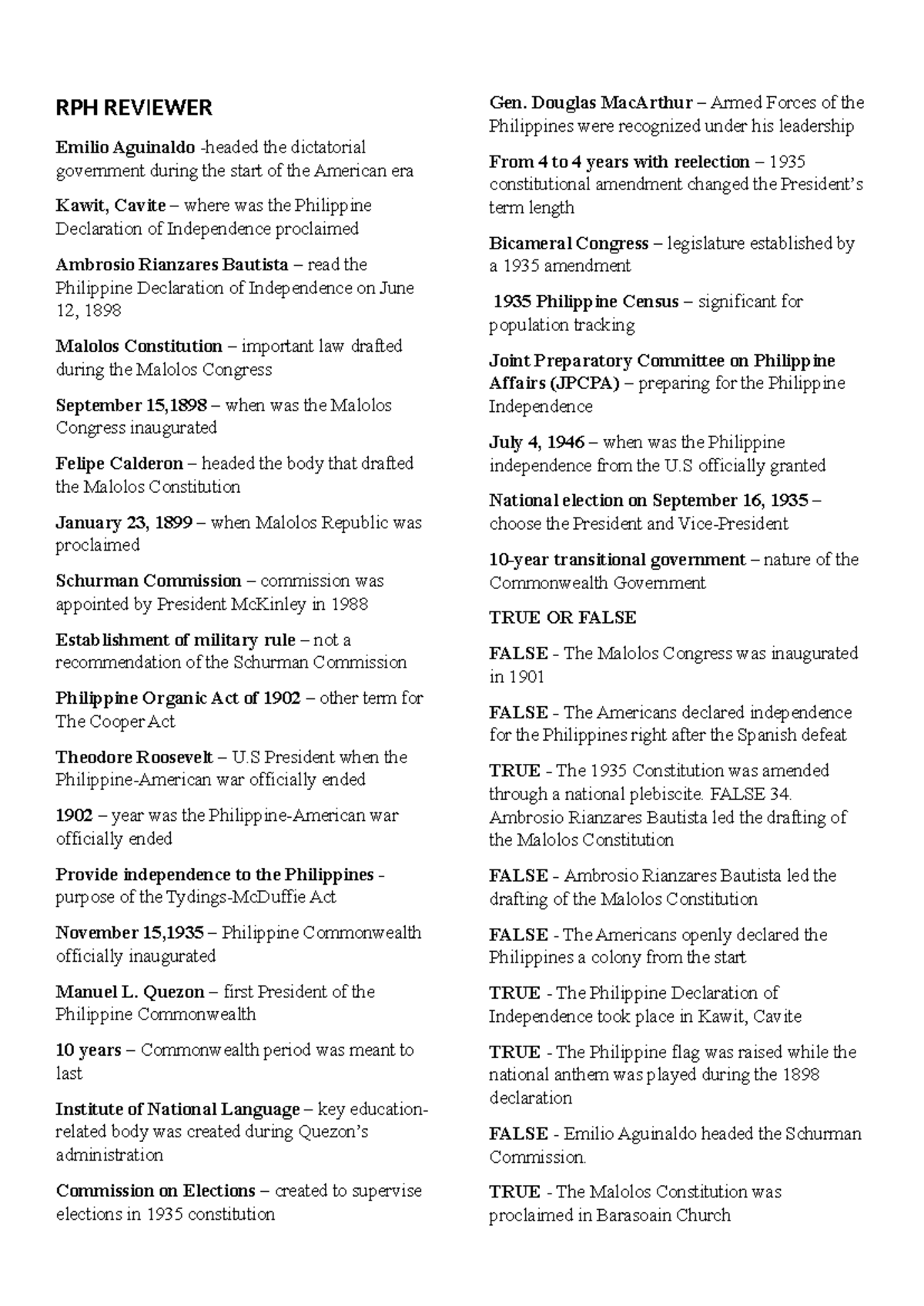 RPH 20 Reviewer: Key Events in Philippine Independence History - Studocu