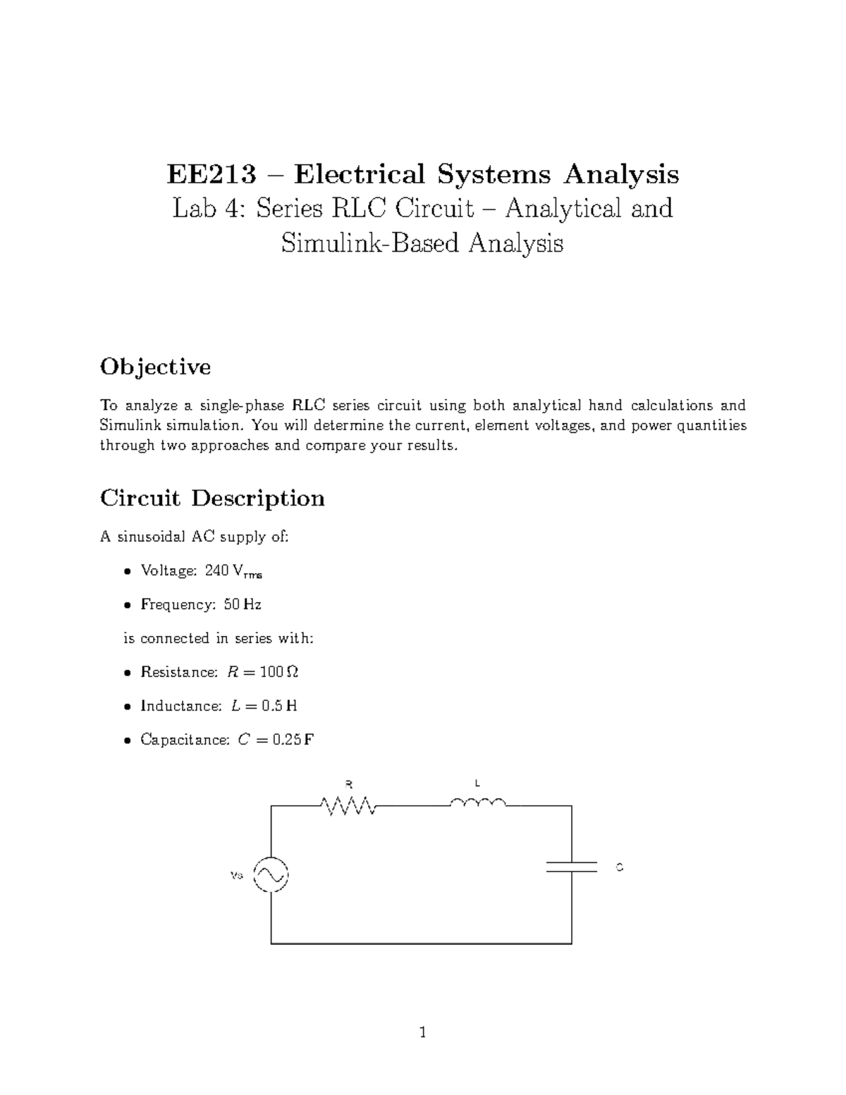 EE213 Lab 4: Series RLC Circuit Analysis via Hand Calculations & Simulink - Studocu