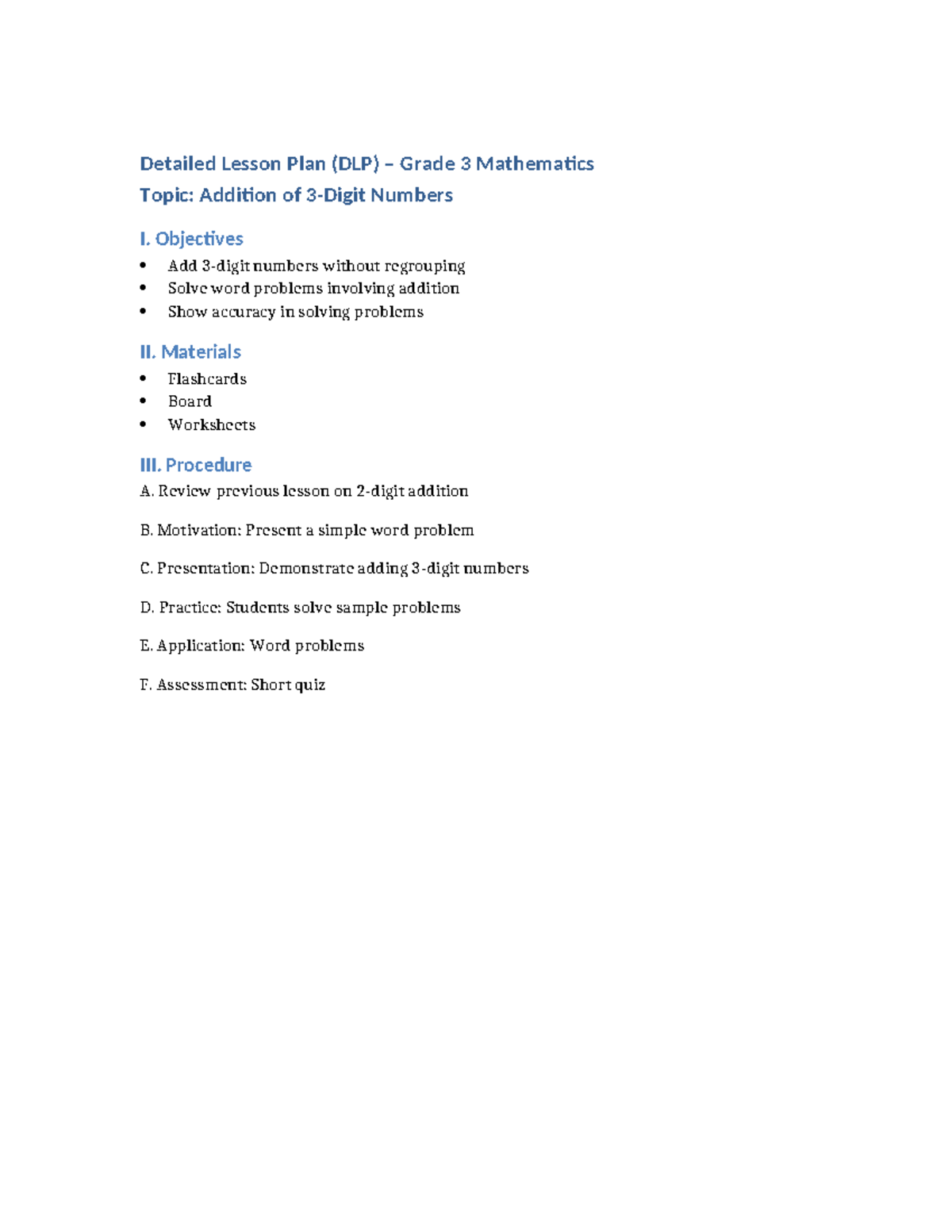Grade 3 Math DLPs: Addition, Subtraction, and Division Lessons - Studocu
