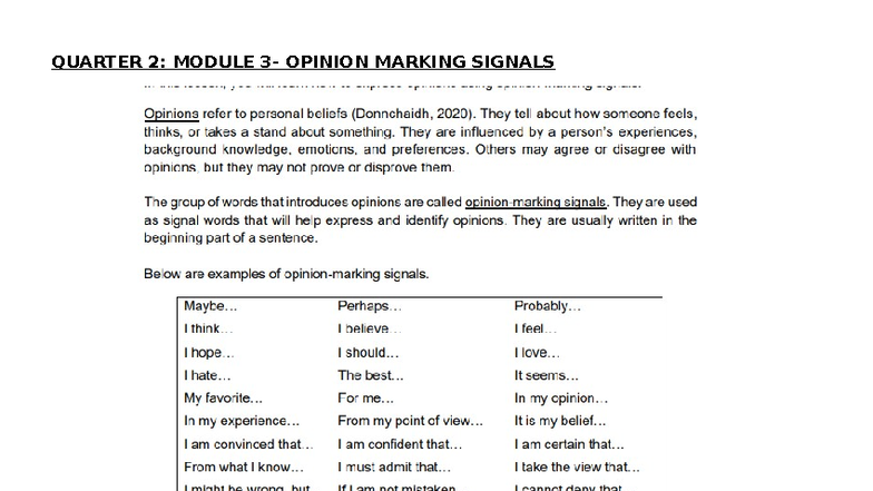 Q2 M2: Understanding Opinion Marking Signals in Filipino Contexts - Studocu