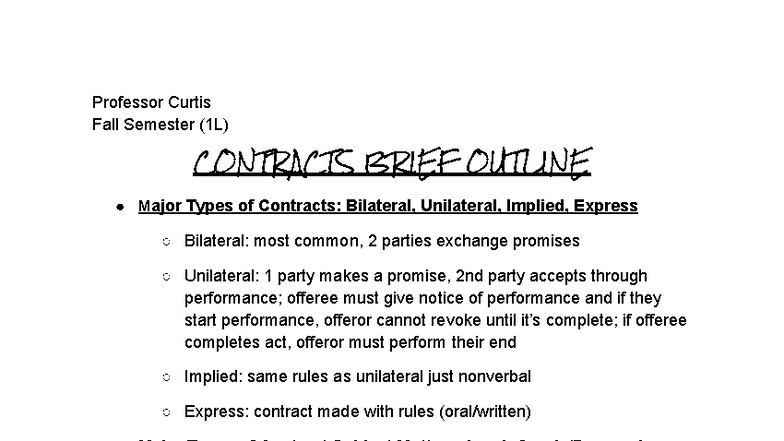 Professor Curtis Fall Semester (1L) Contracts Brief Outline: Key ...