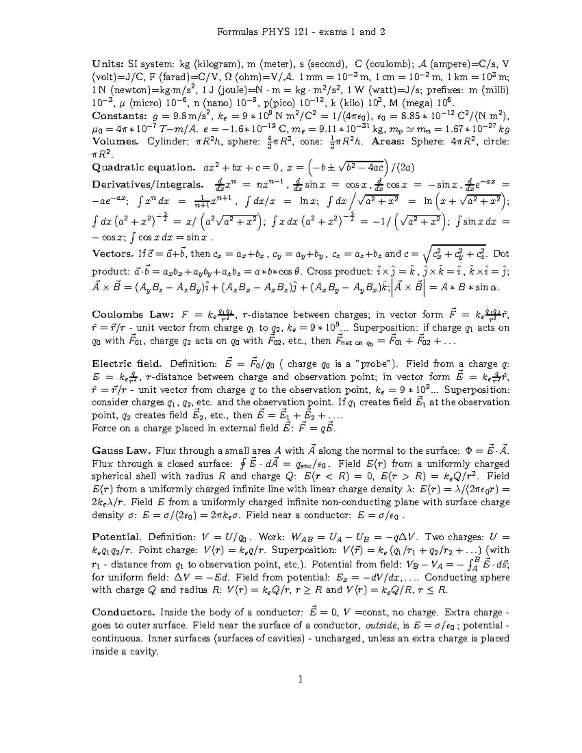 Physics 121 Formula Sheet: Common Exam 1 & 2 Overview - Studocu