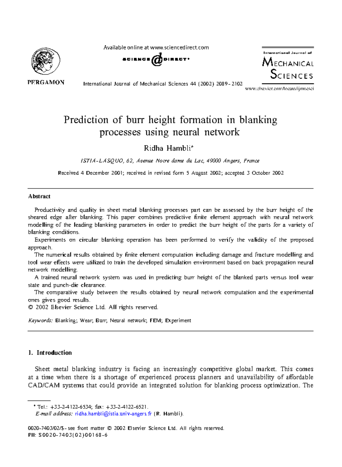 Prediction of Burr Height in Blanking Processes Using ANN (MECH 44 ...