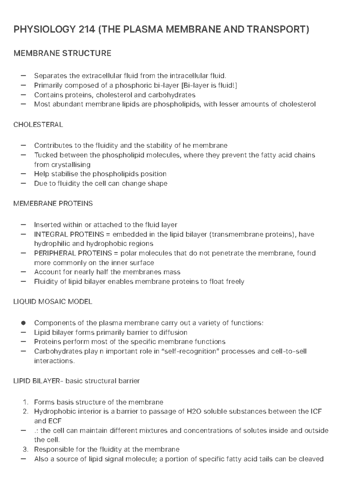 PHYSIOLOGY 214: Plasma Membrane Structure and Function Study Guide ...