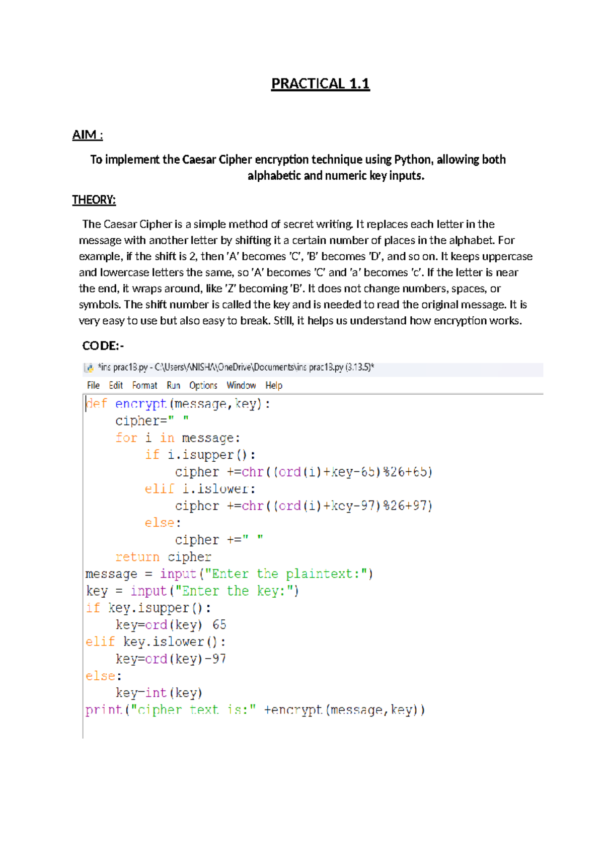 INS PRA1 - Caesar and Playfair Cipher Implementations in Python - Studocu
