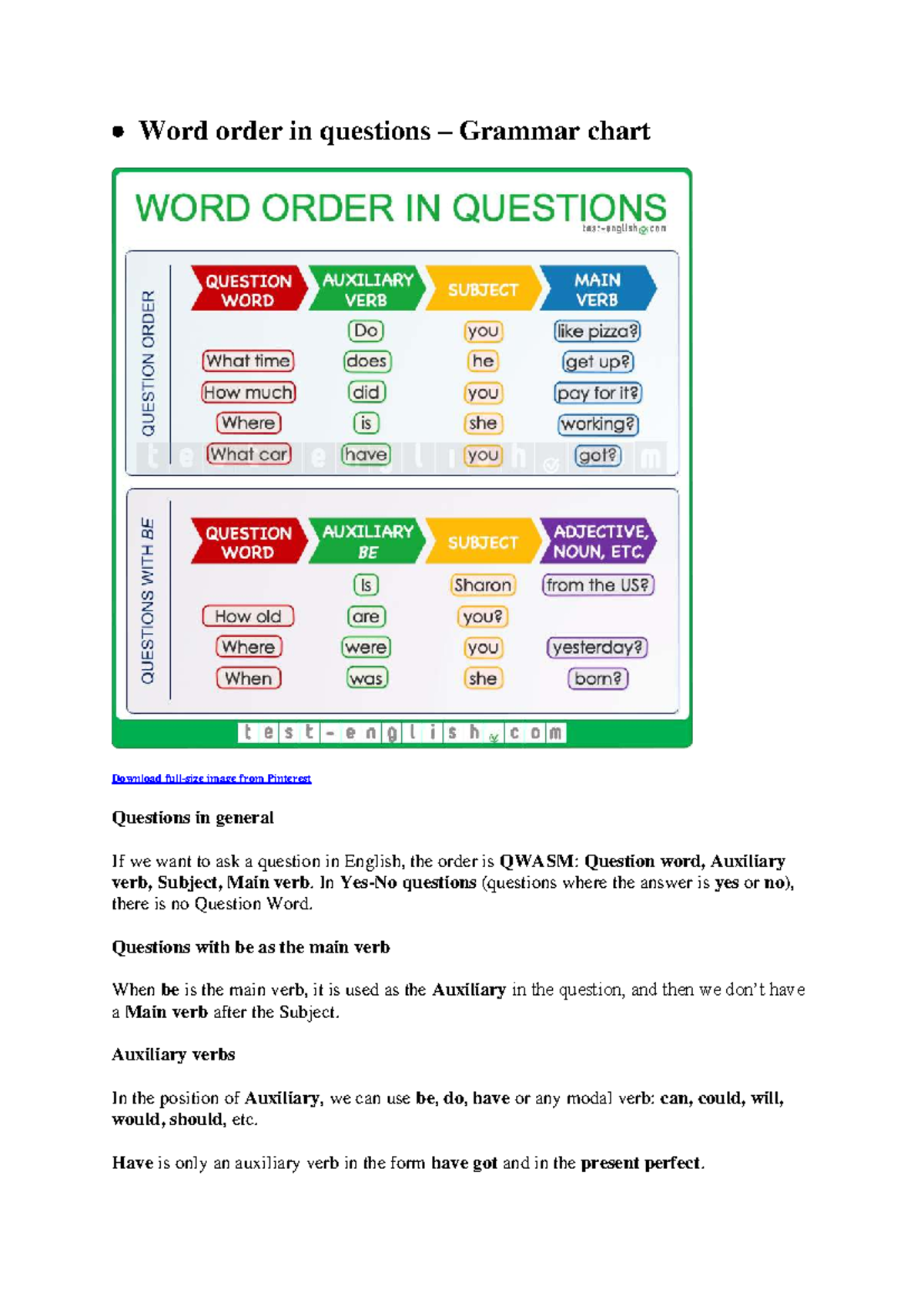 Word Order in Questions: Grammar Guide for Junior Class - Studocu
