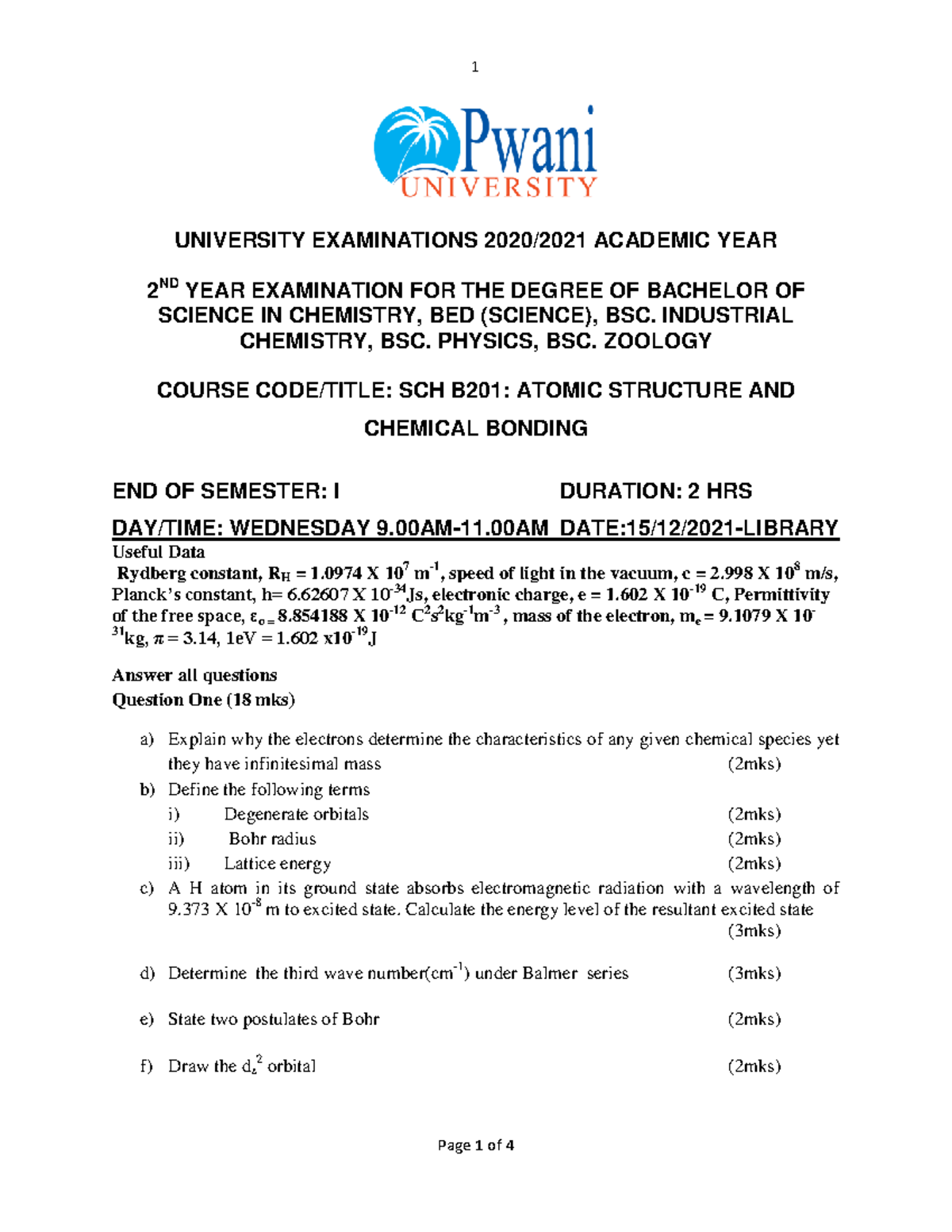 End of Semester Exam 2021: SCH B201 - Atomic Structure & Chemical ...