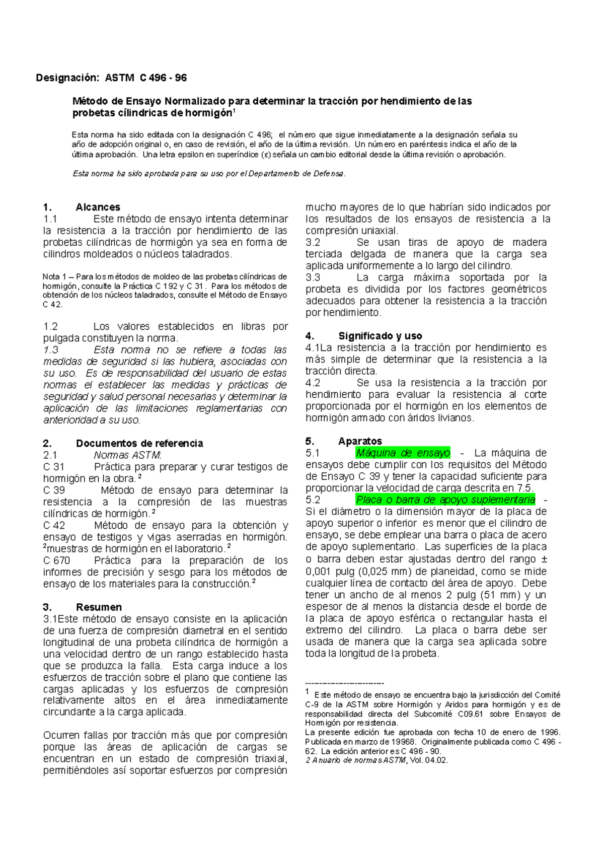 ASTM C 496 - 96: Método de Ensayo para Tracción por Hendimiento en ...