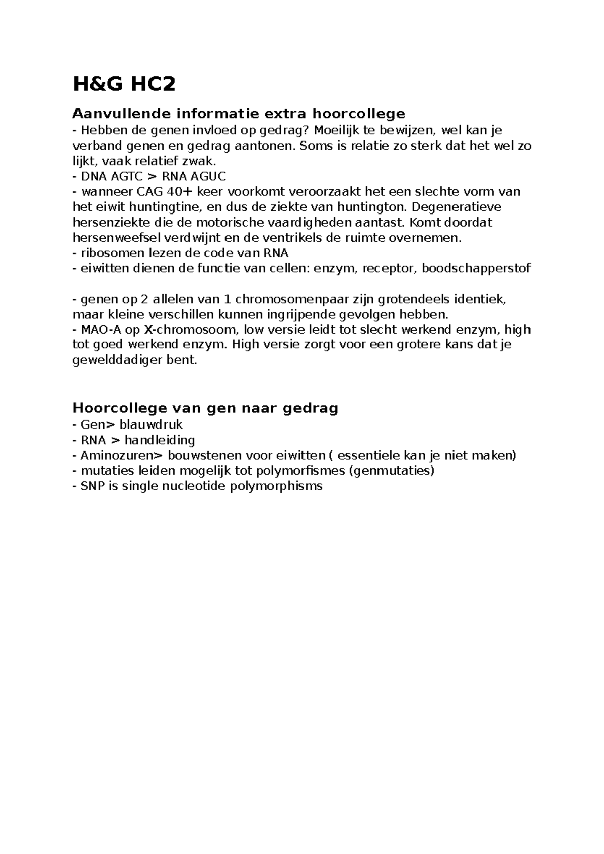 HC2 Hoorcollege 2: Genen en Gedrag - Invloed en Relaties - Studeersnel
