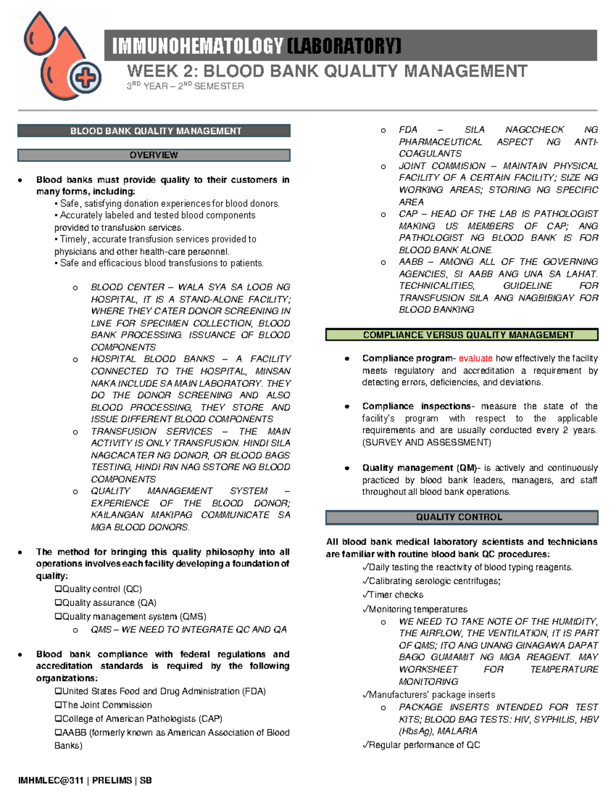 IMHMLEC@311 LAB WEEK 2: Blood Bank Quality Management Overview - Studocu
