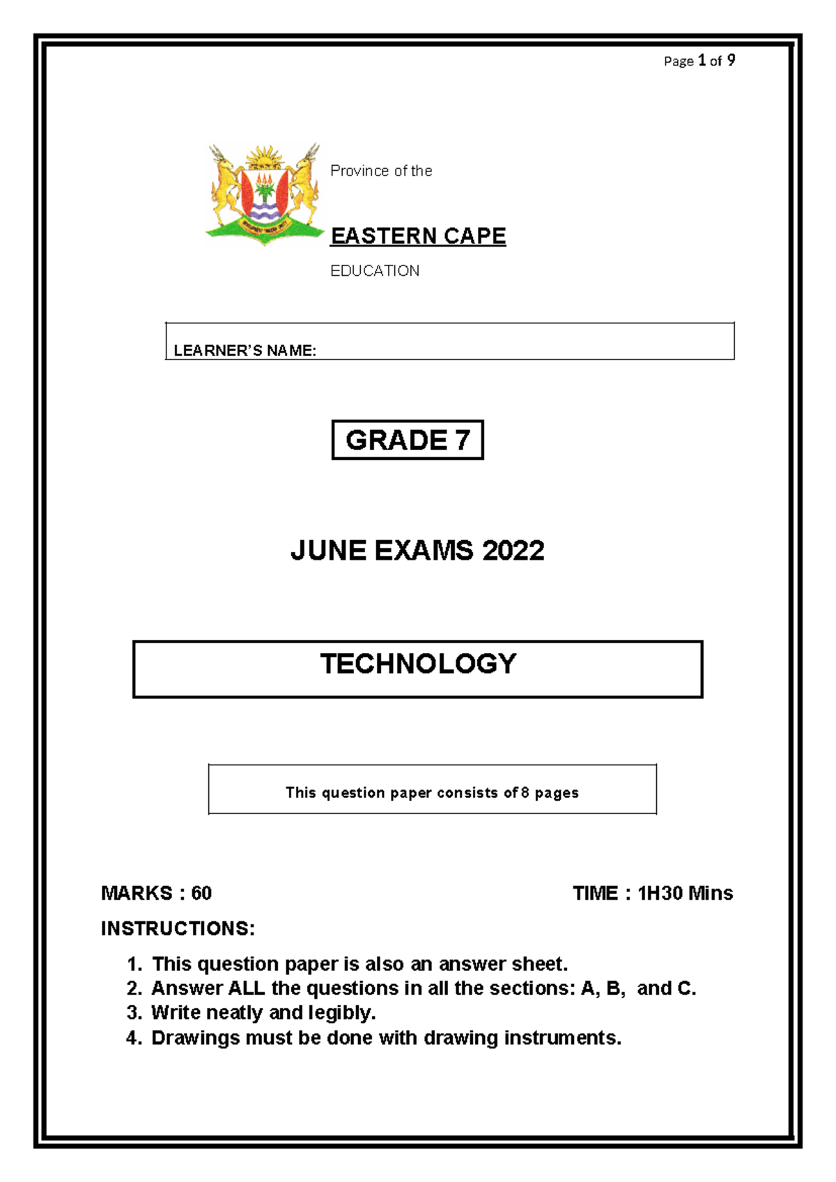Technology Grade 7 June Exam QP 2022 - Eastern Cape Education - Studocu