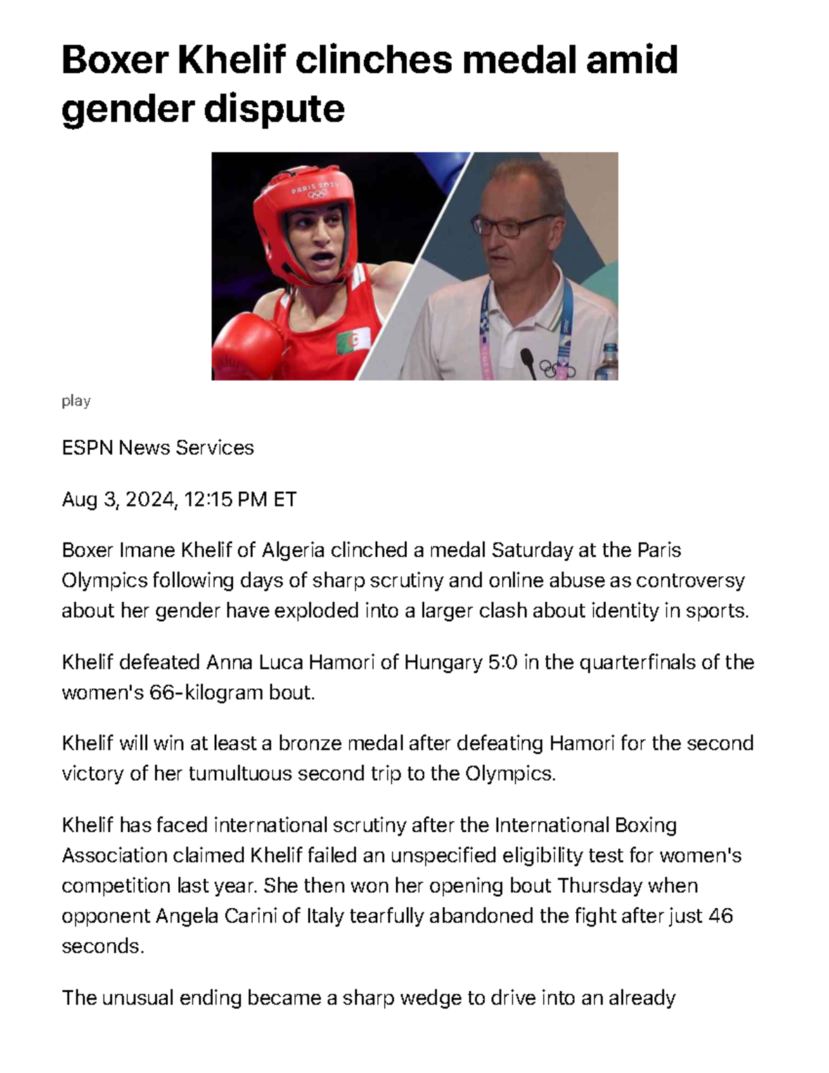 Imane Khelif's Medal Win Amid Gender Controversy at Paris 2024 - Studocu