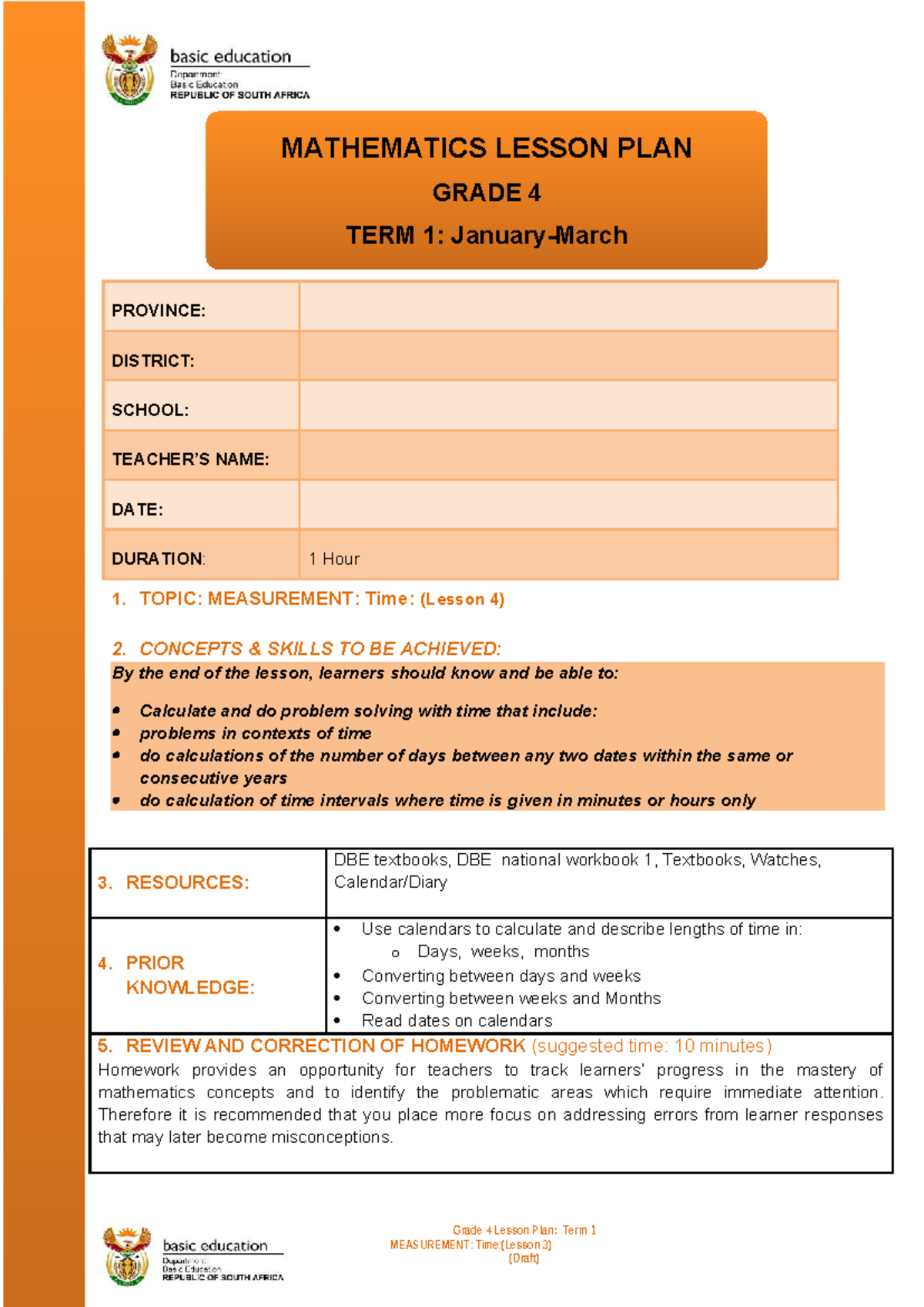 Grade 4 Term 1 Mathematics Lesson Plan: Measurement of Time (Lesson 4 ...