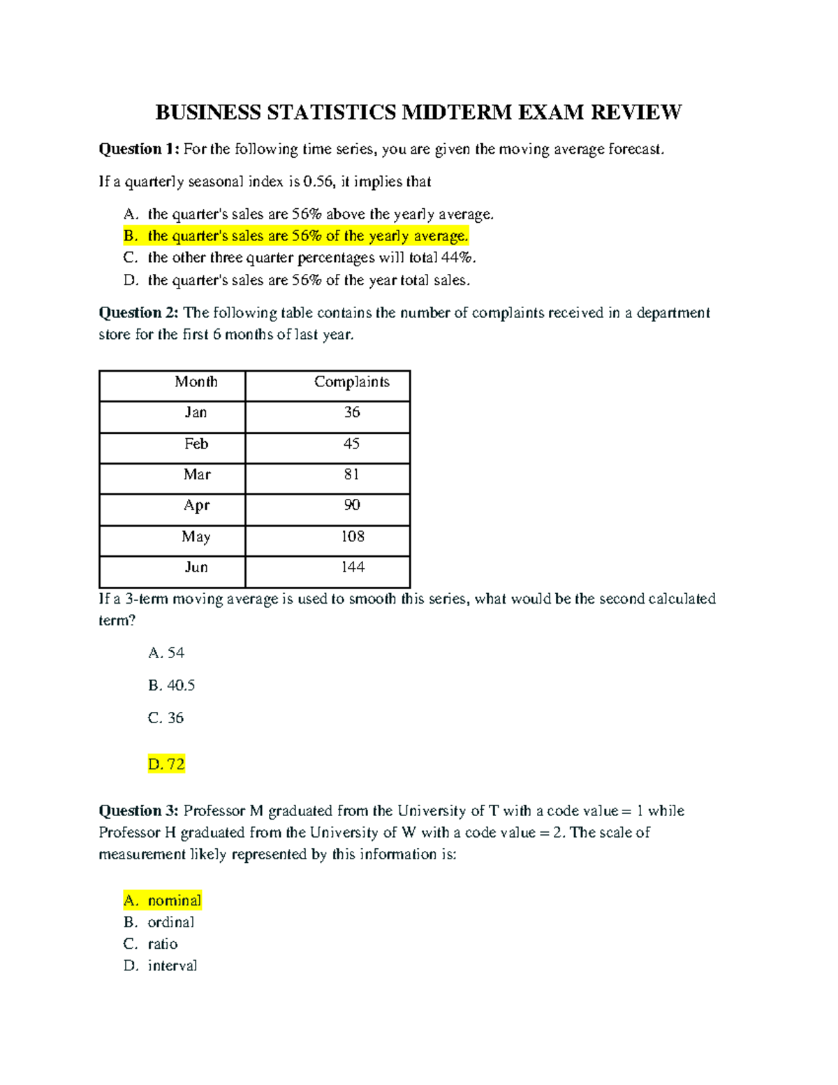 Business Statistics Midterm Exam Review Guide - Studocu