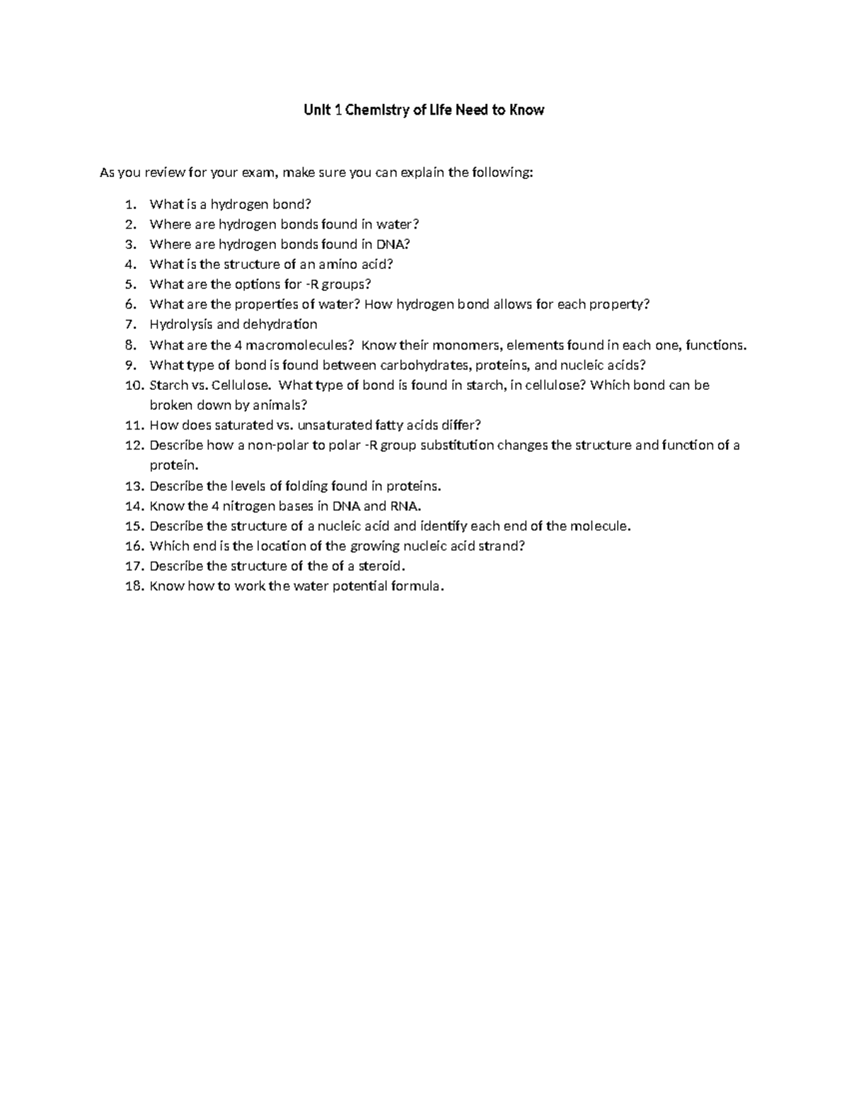 Unit 1: Chemistry of Life - Key Concepts for Exam Prep - Studocu