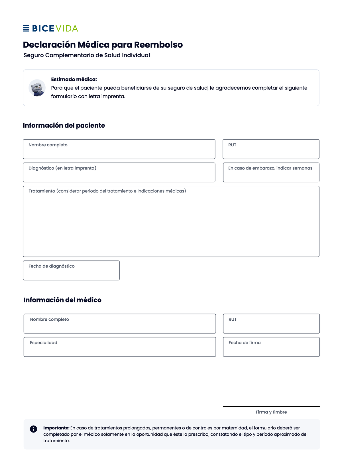 Declaración Médica para Reembolso de Seguro Complementario de Salud ...