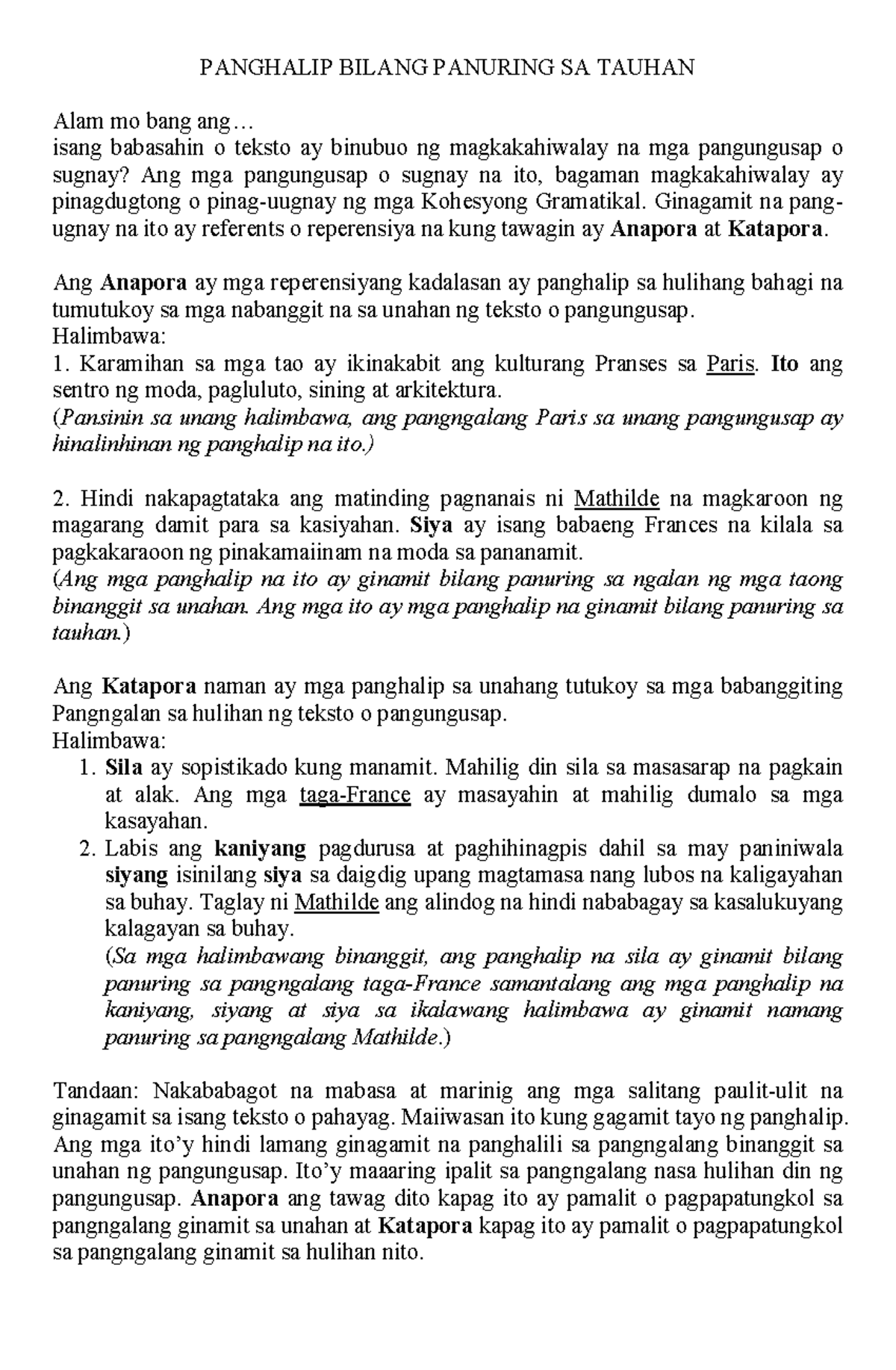 Anapora at Katapora: Pagsusuri sa Panghalip bilang Panuring - Studocu