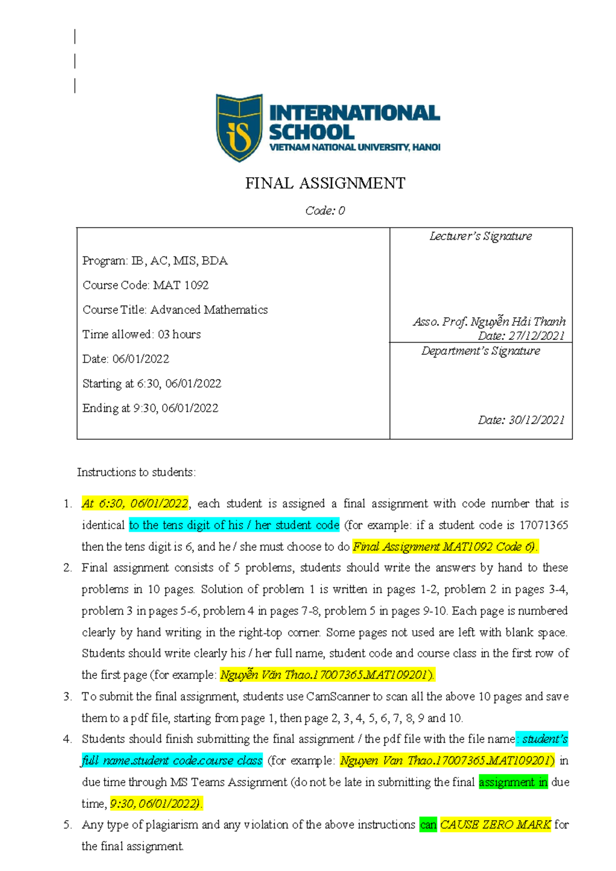 Final Assignment MAT1092 Code 0 - FINAL ASSIGNMENT Code: 0 Program: IB ...