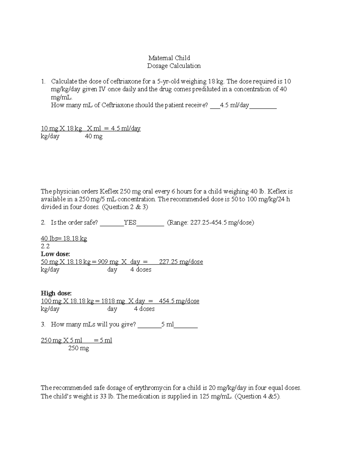 MATC 101: Maternal Child Dosage Calculations Practice Answer Key - Studocu