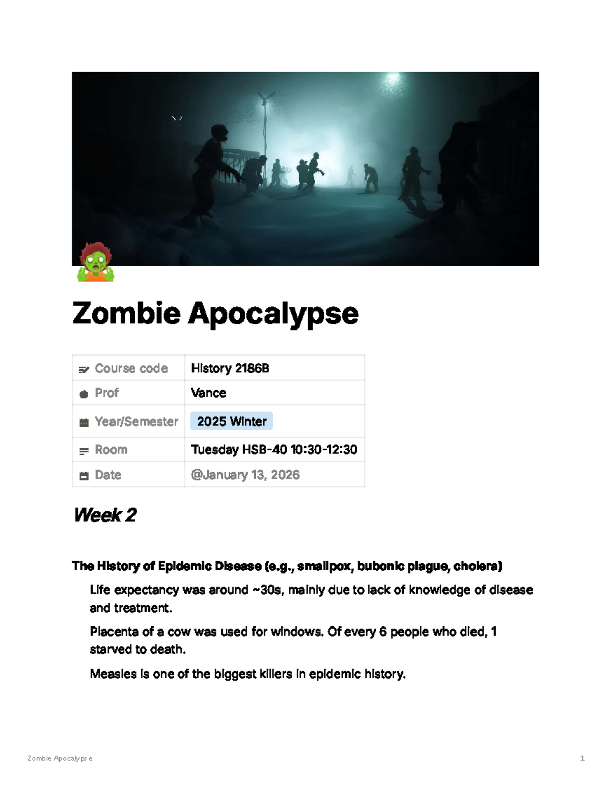 Zombie Apocalypse Notes - History 2186B Winter 2025 - Studocu