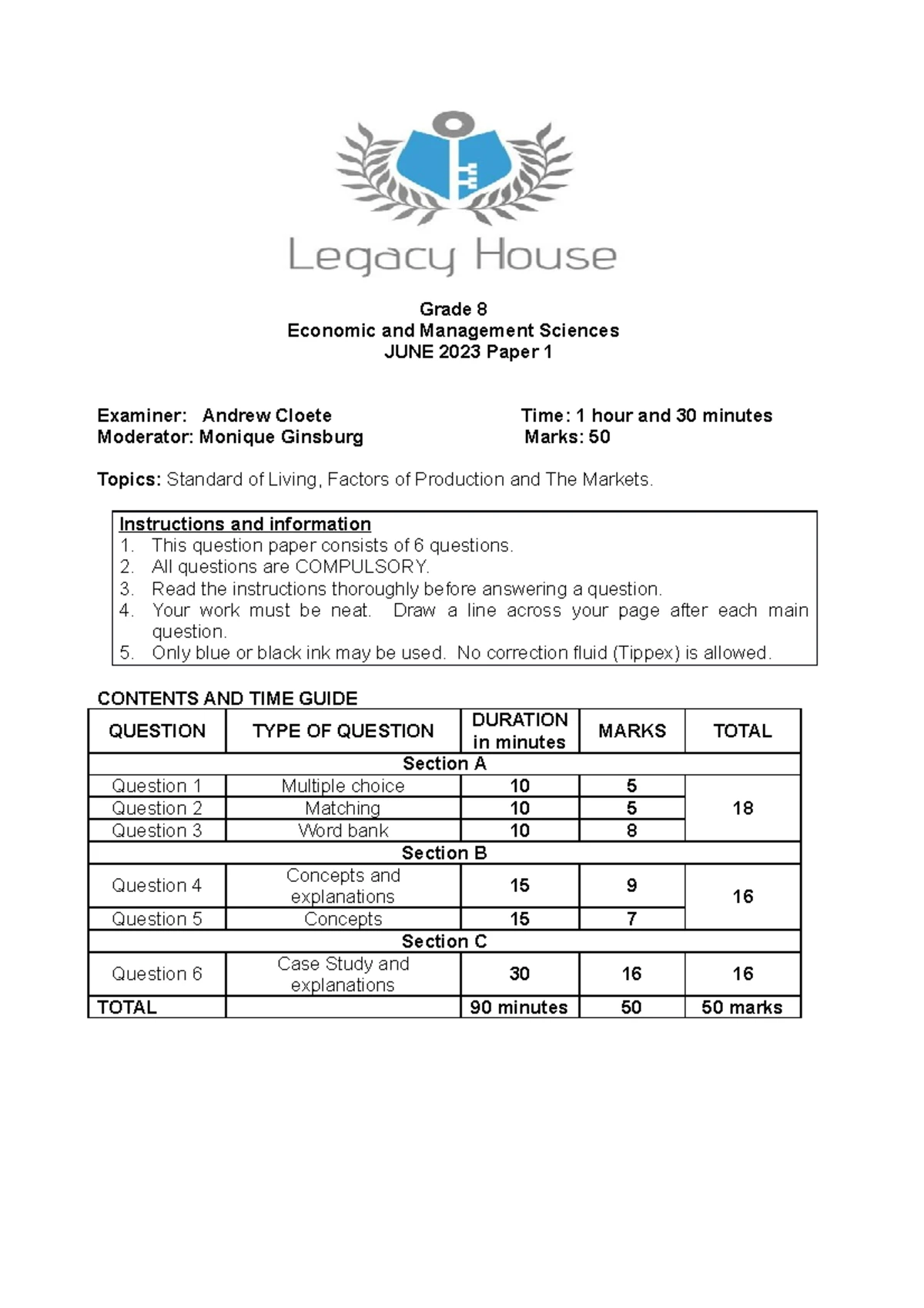 Grade 9 EMS JUNE EXAM MEMO 2023 - Grade 9 Economic and Management ...