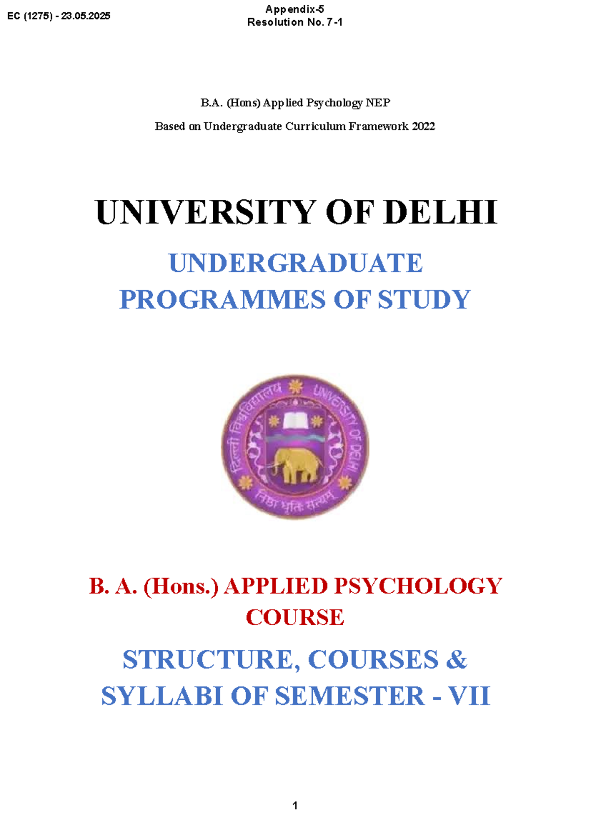 EC (1275) 2025 B.A. (Hons) Applied Psychology Sem 7 Course Structure ...