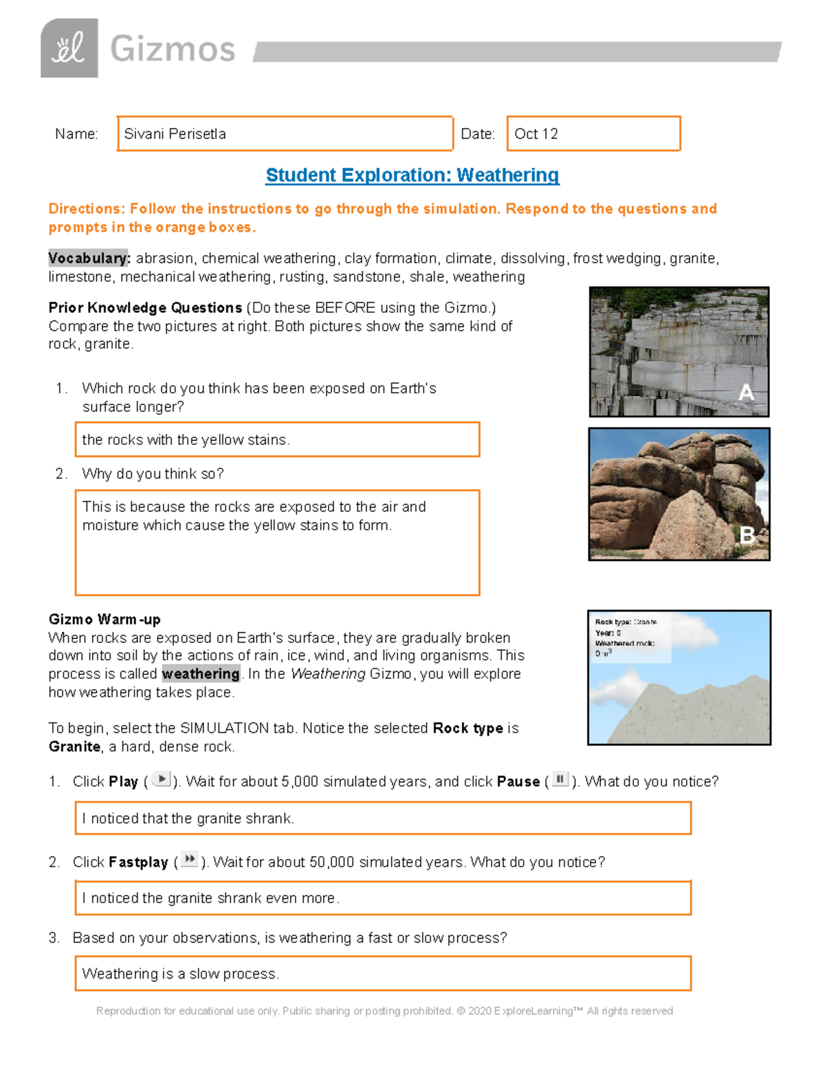 Sivani Perisetla - Weathering Student Exploration Activity SE Report ...