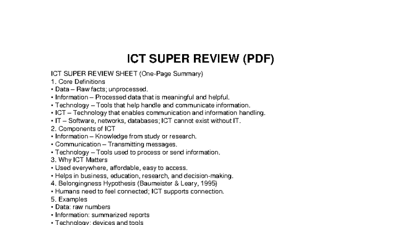 ICT 101: Comprehensive Review Sheet for ICT Concepts and Definitions - Studocu