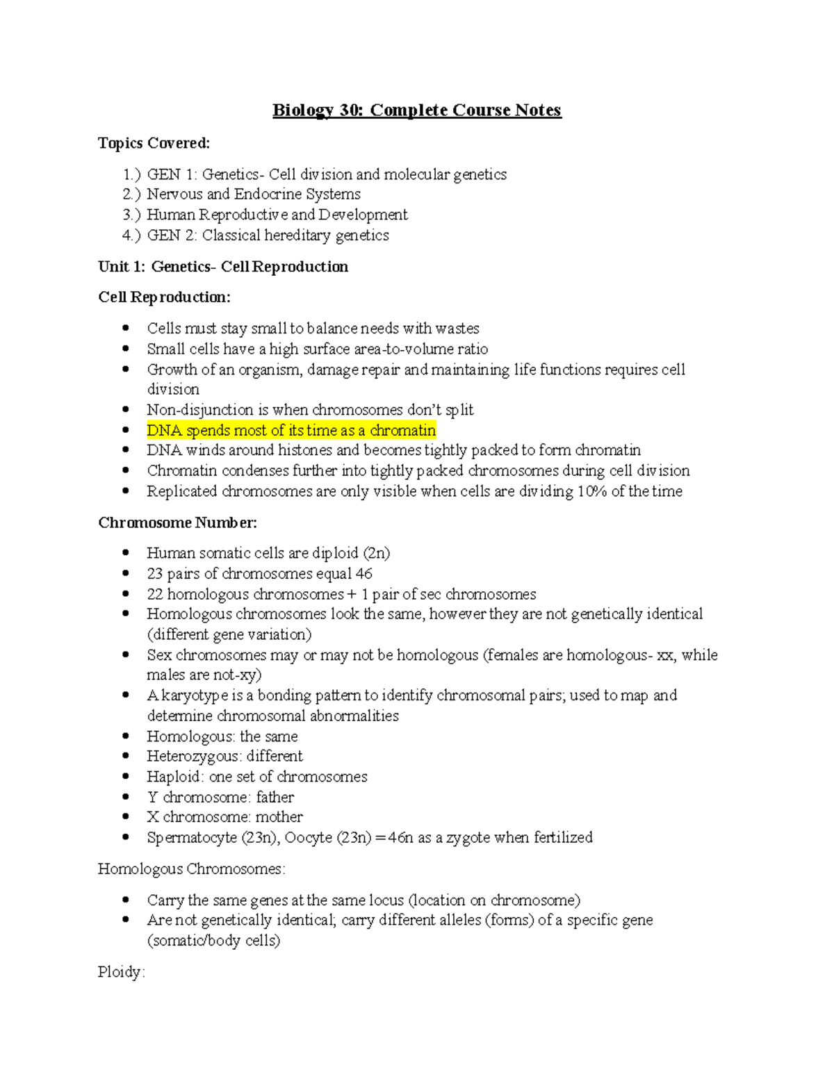 Biology 30 - In-Depth Lecture Notes on Genetics and Cell Division - Studocu