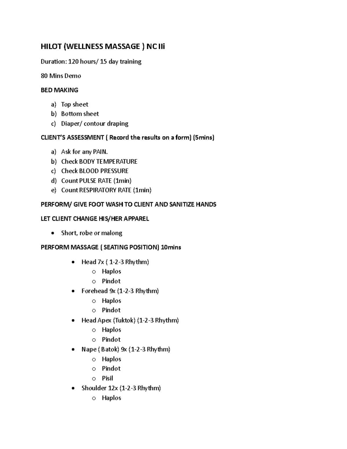 HILOT (WELLNESS MASSAGE) NC III Training Guide - Studocu