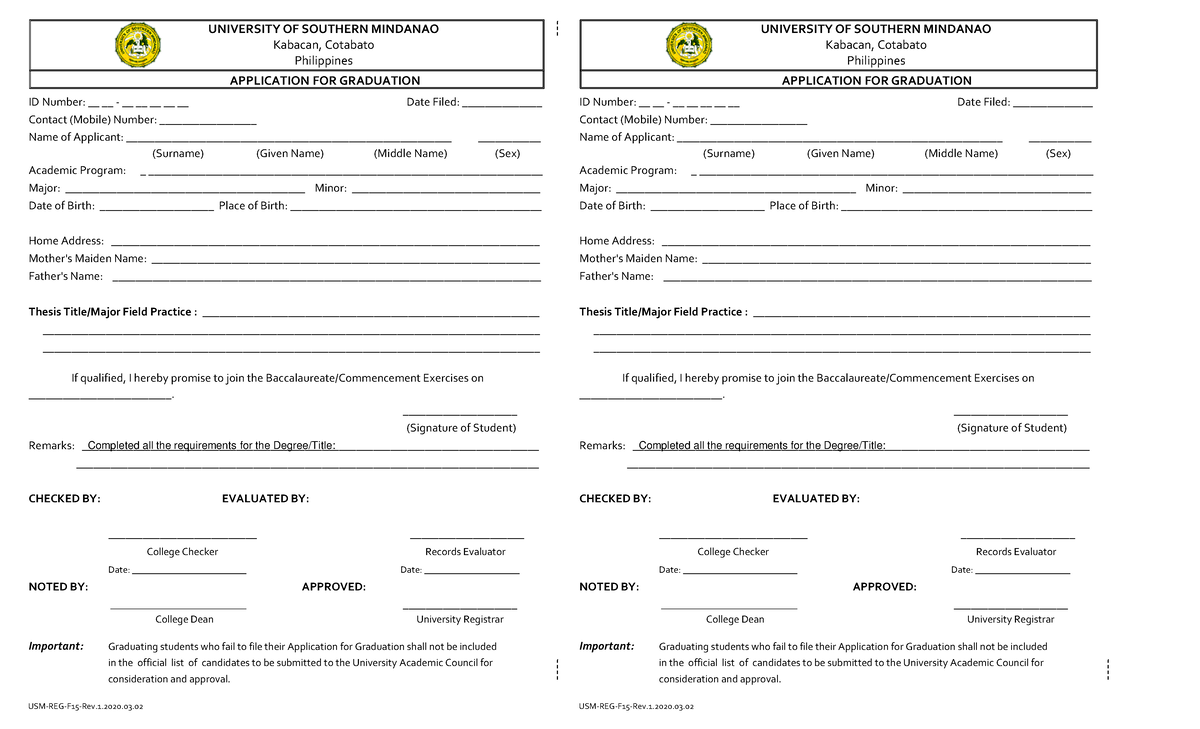 Application-For-Graduation - ID Number: __ __ - __ __ __ __ __ Date ...