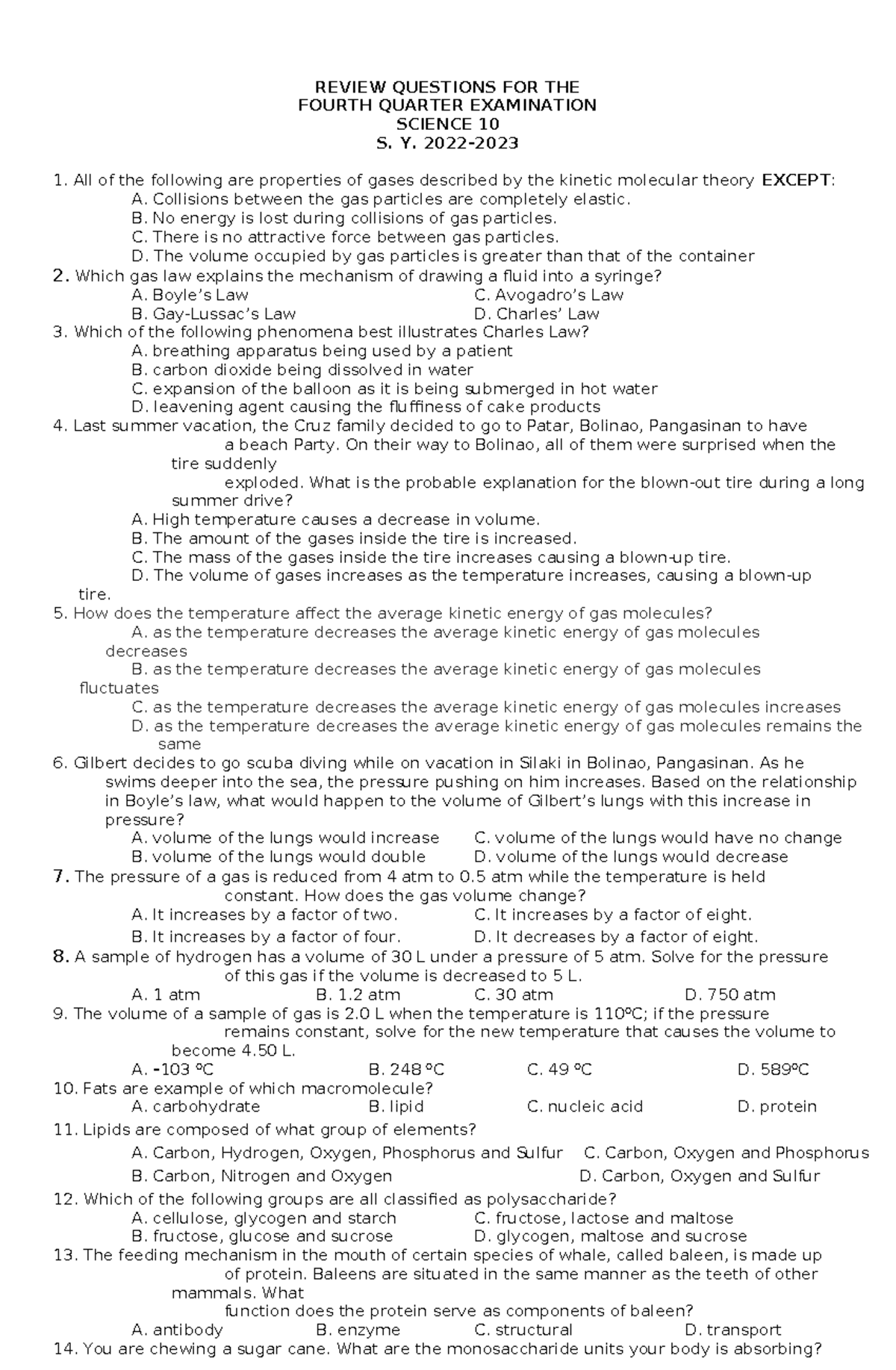 Final TQ Sci 10 Review Questions for 4th Quarter Examination - Studocu