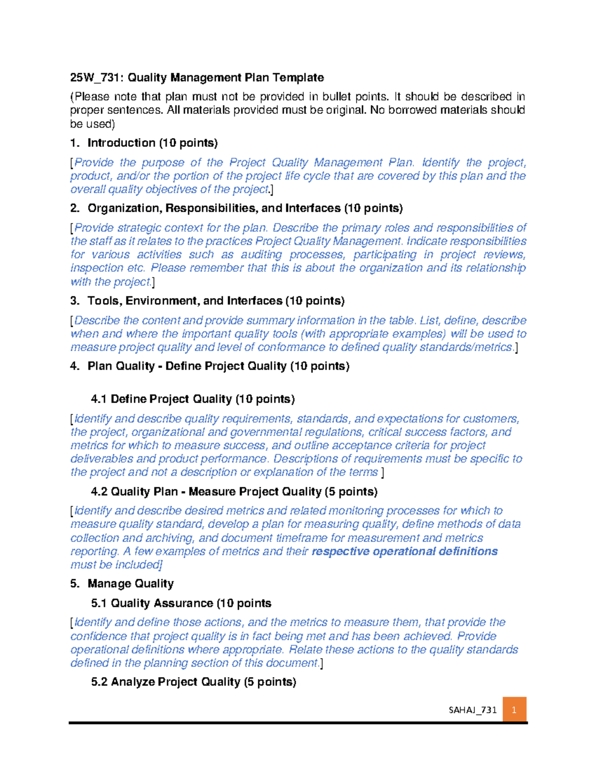 25W 731-002 QMP template - SAHAJ_731 1 25W_731: Quality Management Plan ...