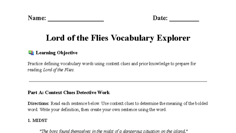 Lord of the Flies Vocabulary Explorer: Context Clues Practice - Studocu