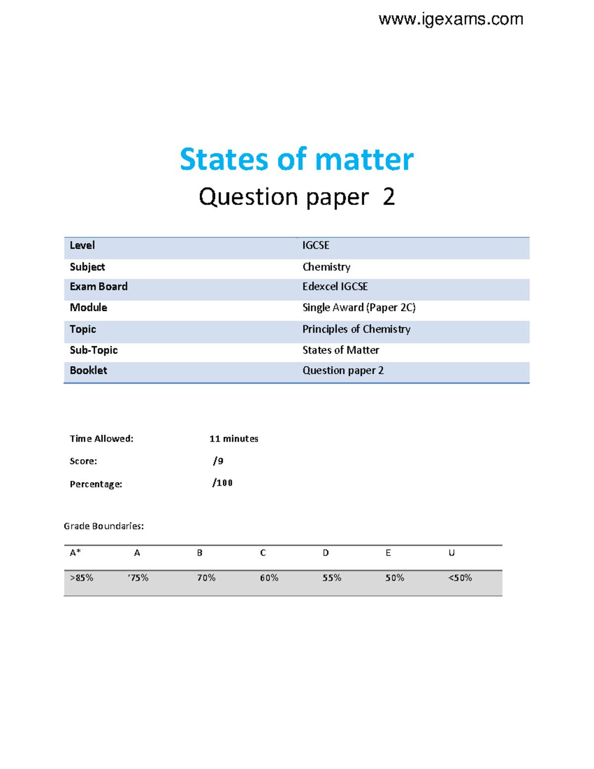 States of Matter (2C) IGCSE Chemistry Question Paper - Studocu