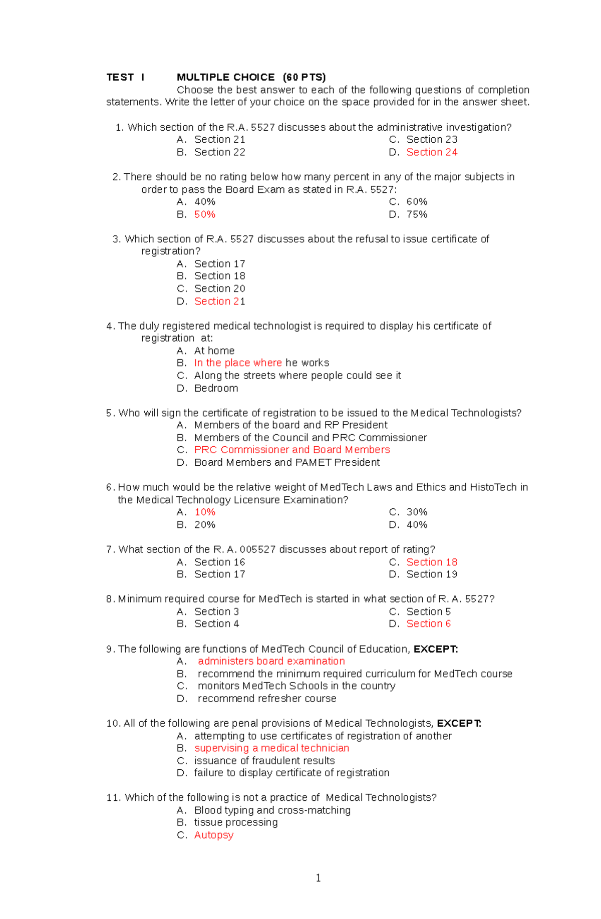 Med Tech Laws Reviewer 722009: Test I Multiple Choice Questions - Studocu